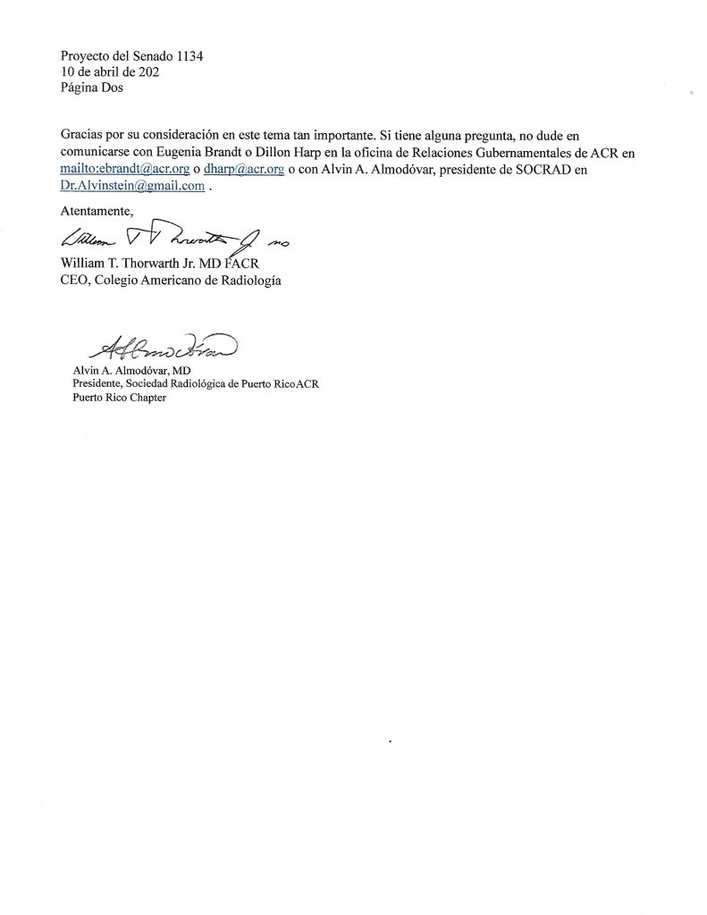 Expresiones del American College of Radiology (ACR) y la Sociedad Radiológica de PR en oposición ...
