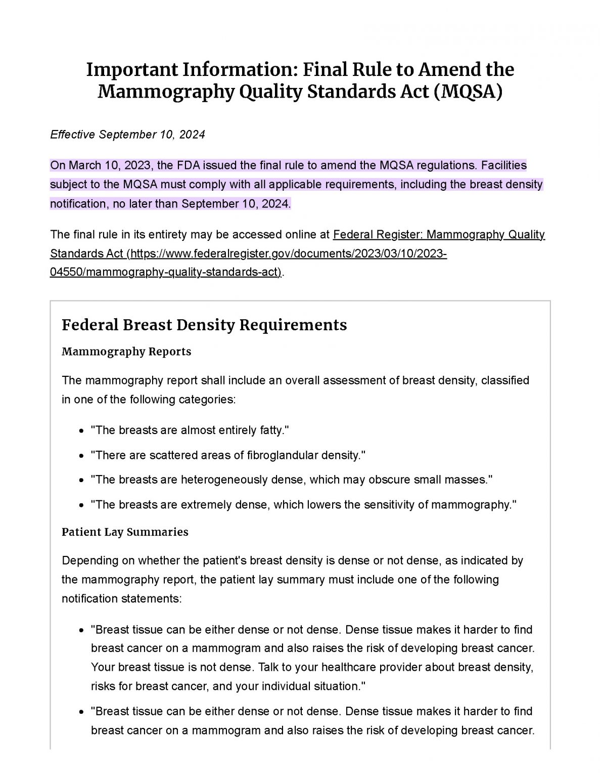 Final Rule to Amend the Mammography Quality Standards Act (MQSA ...